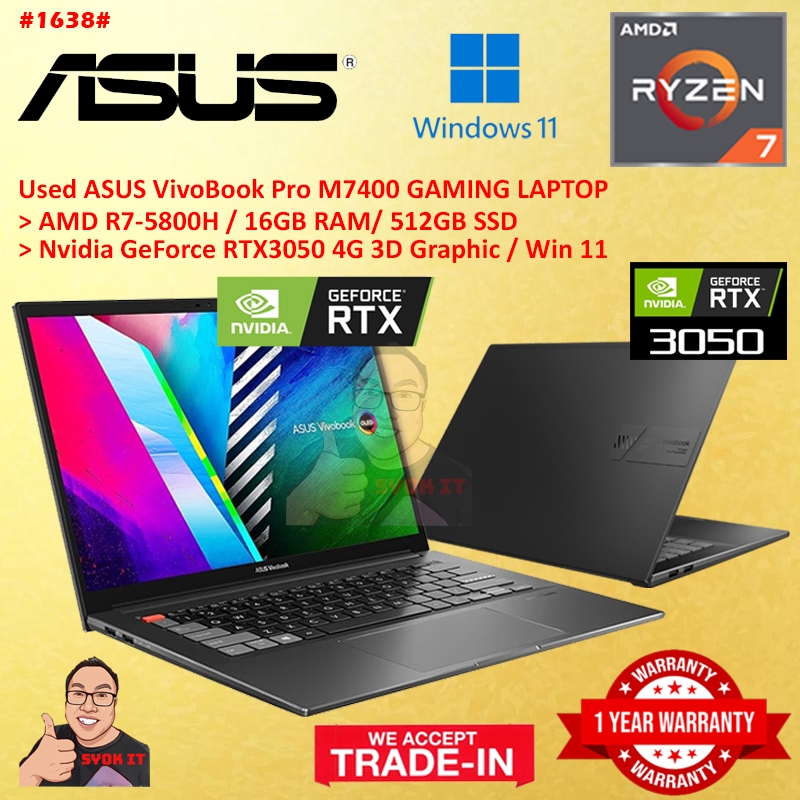 #1638 USED R7 ASUS VIVOBOOK PRO M7400 Performance Gaming Laptop AMD ...