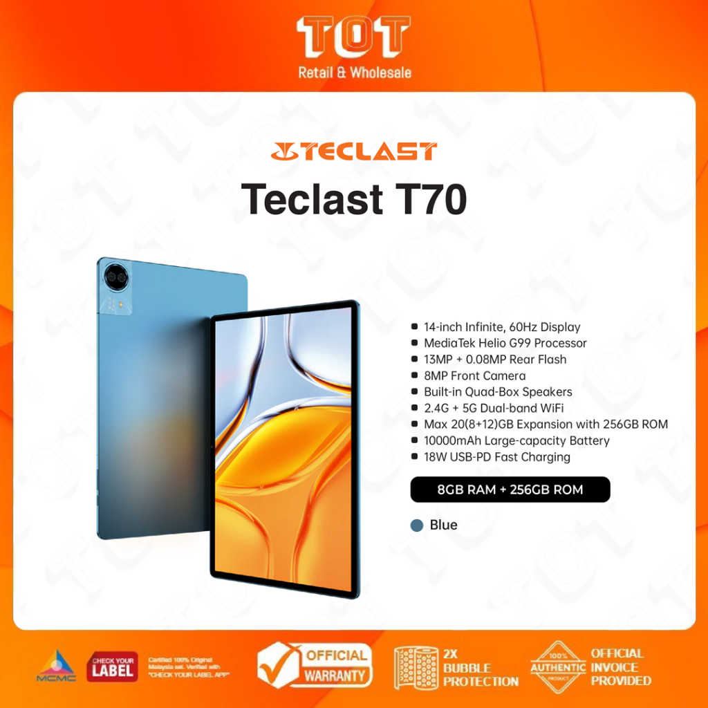 Teclast T70 (8GB+256GB) I 14-inch Display I MediaTek Helio G99 I 10000mAh Large-capacity Battery ...
