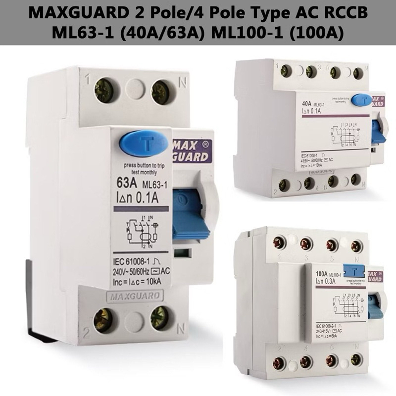 MAXGUARD 2/4polePOLE ELCB/RCCB 25A/40A/63A 30MA/100MA/300MA SIRIM APPROVED Single Phase/3phase ...