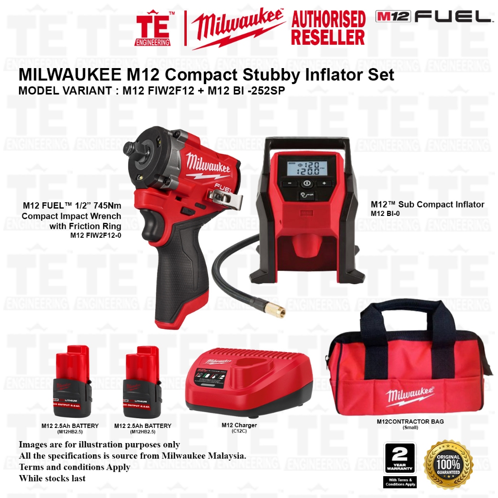 MILWAUKEE M12 Compact Stubby Inflator Set ( M12 FIW2F12 + M12 BI ...