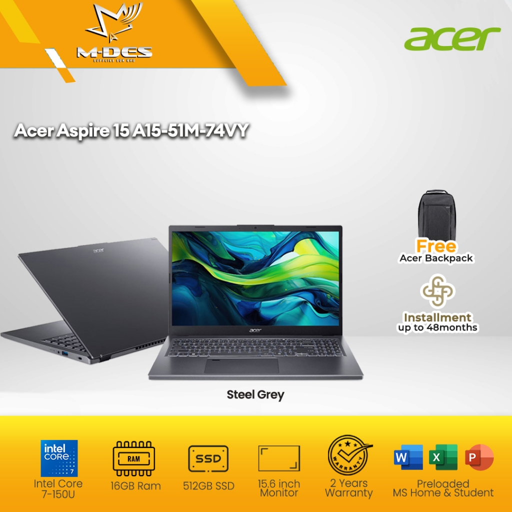 Aspire 15 | A15-51M-74VY (Steel Grey) Intel® Core™ 7 150U / 16GB RAM ...