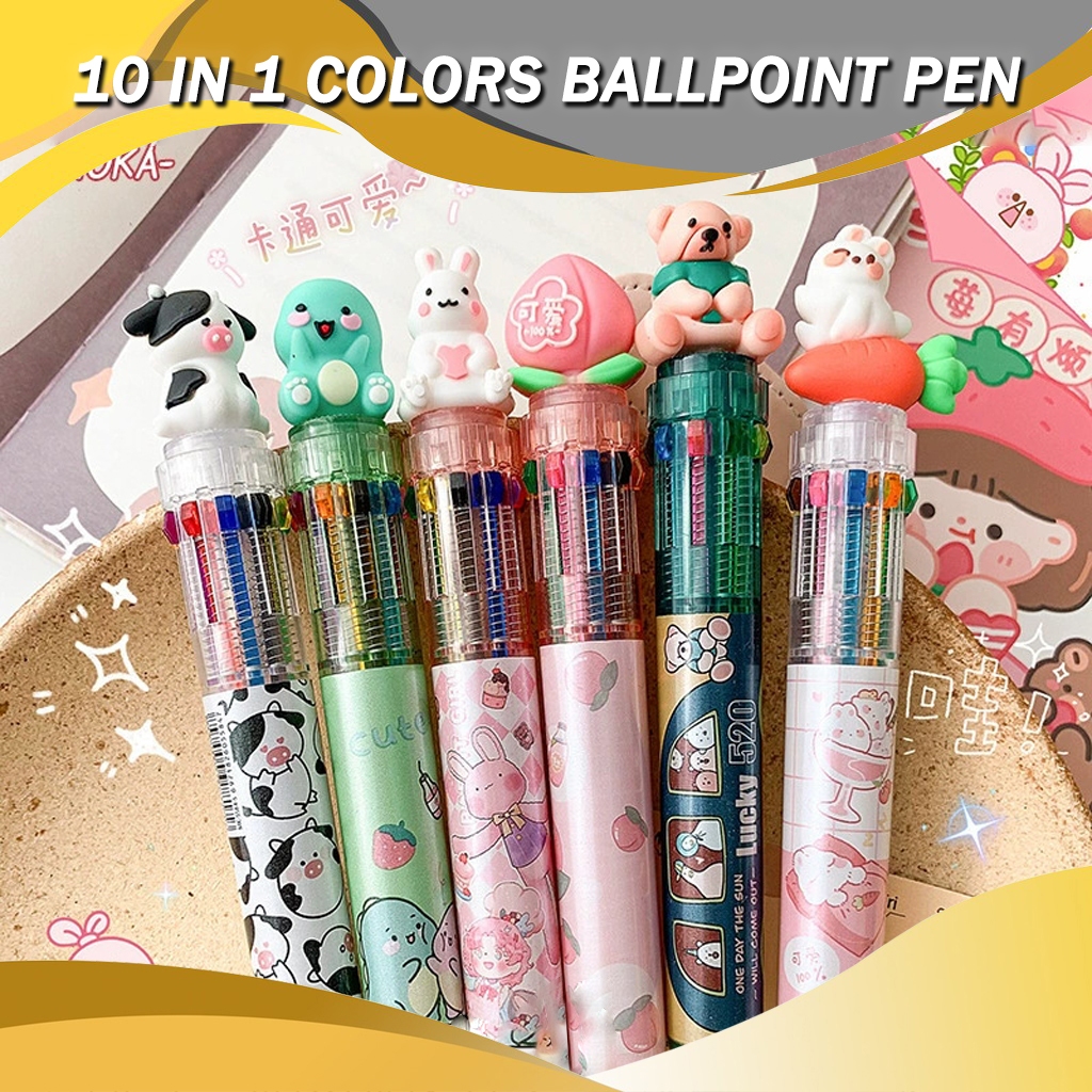 10 in 1 Colors Ballpoint Pen Multicolored Silicone Student Cute Animal ...