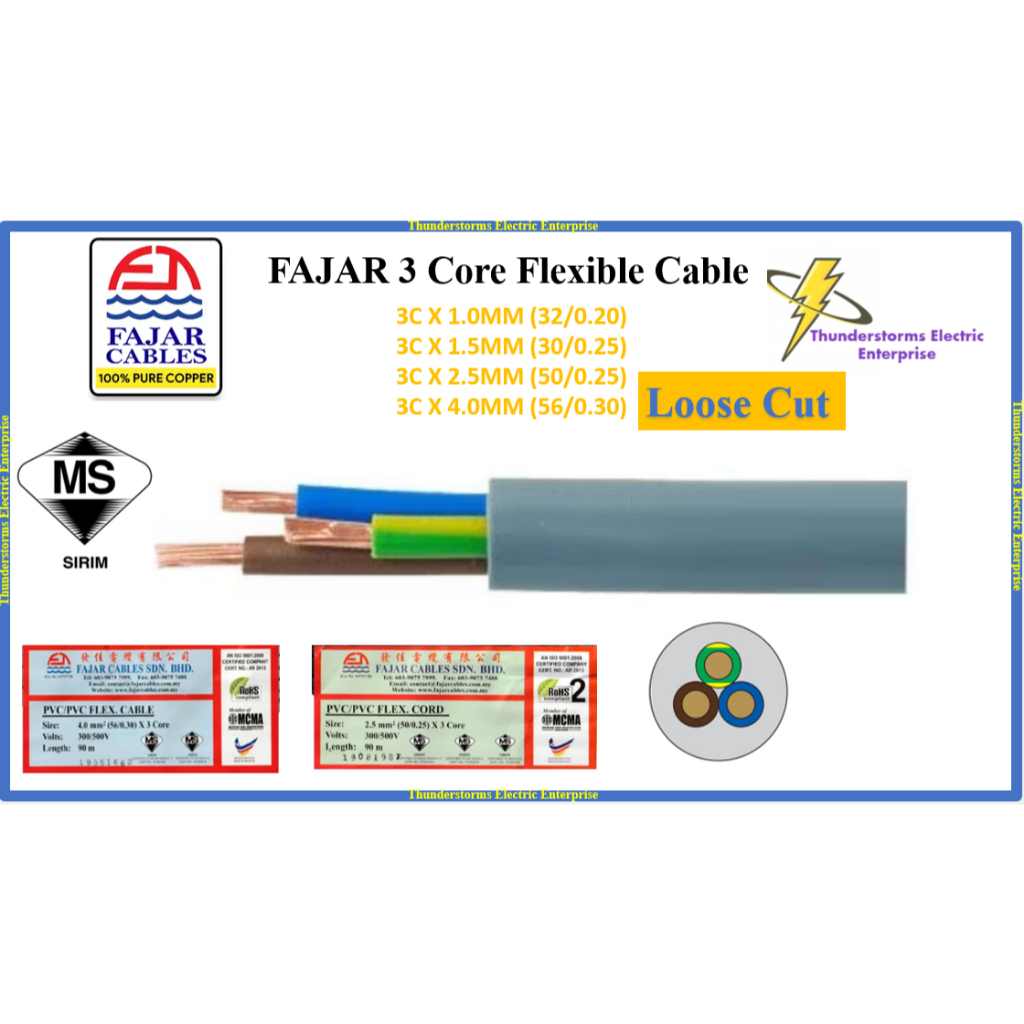Fajar 1.0MM / 1.5MM / 2.5MM / 4MM 3 Teras Kabel Flesibel / 3 Core ...