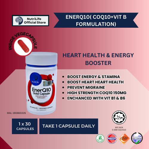 【NutriLife】EnerQ10 Gold 30's Capsule Coenzyme Q10(150mg)with B1 B6 ...