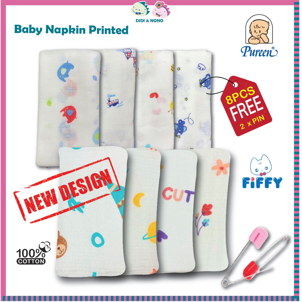 FIFFY PUREEN Baby Napkin Printed ( Mix 8 Design ) Kain Lampin Bayi ...