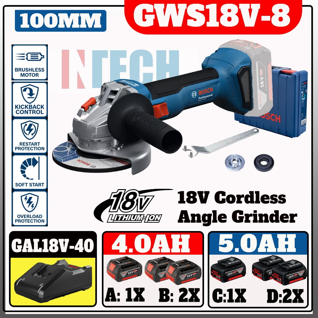 BOSCH GWS18V-8 18V CORDLESS BRUSHLESS ANGLE GRINDER C/W GAL18V-40 ...