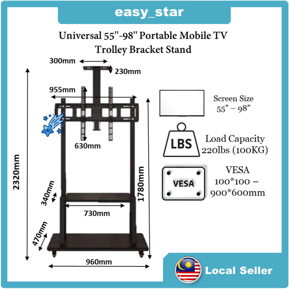 ***High Quality*** Universal 55" to 98" Portable Mobile TV Trolley ...