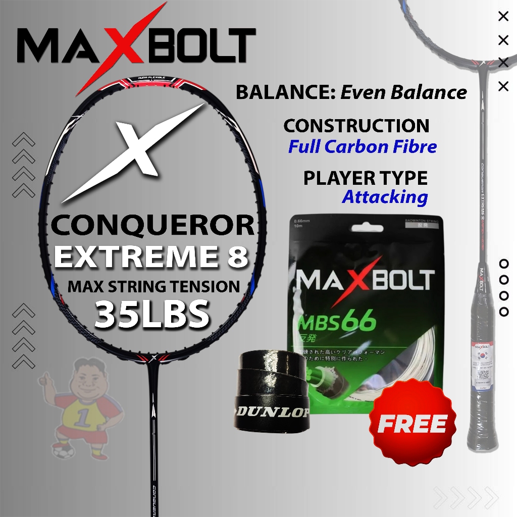Maxbolt Badminton Racket Conqueror Extreme 8 Max Tension 35 lbs (Free ...