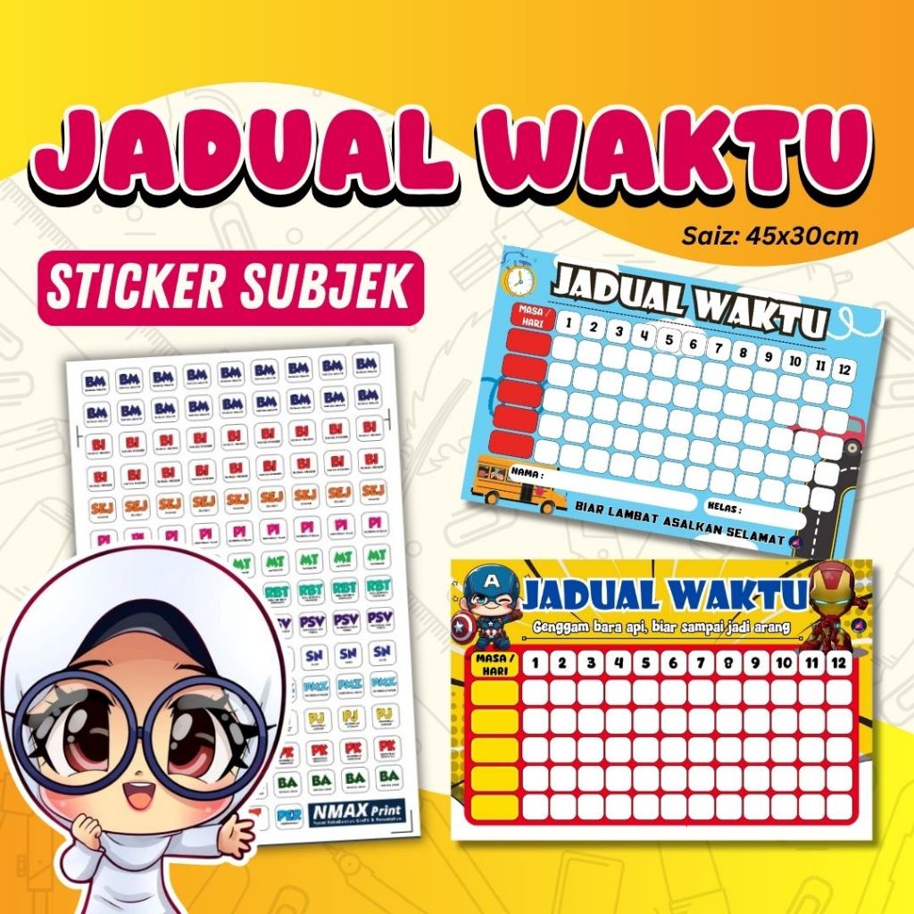 Jadual Waktu Kelas Anak / Jadual Boleh Ubah Timetable / Sticker Subjek ...
