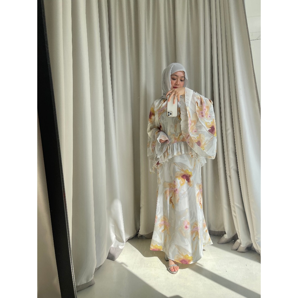 Thea Bloom Kurung in Soft Grey And Light Yellow (Fully Lined) | Shopee ...