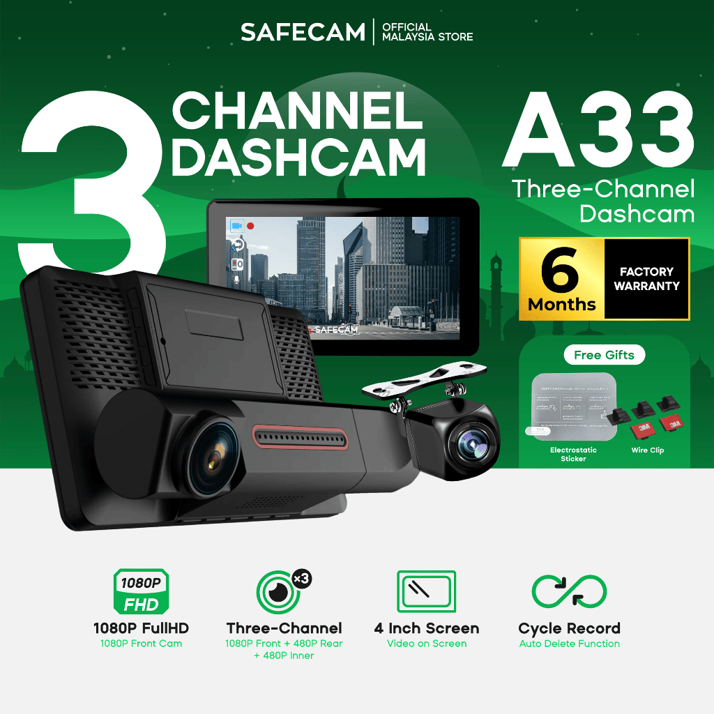 SAFECAM A33 Triple Lens 3 Camera 1080P Dashcam Front Cam + Inner Cam ...