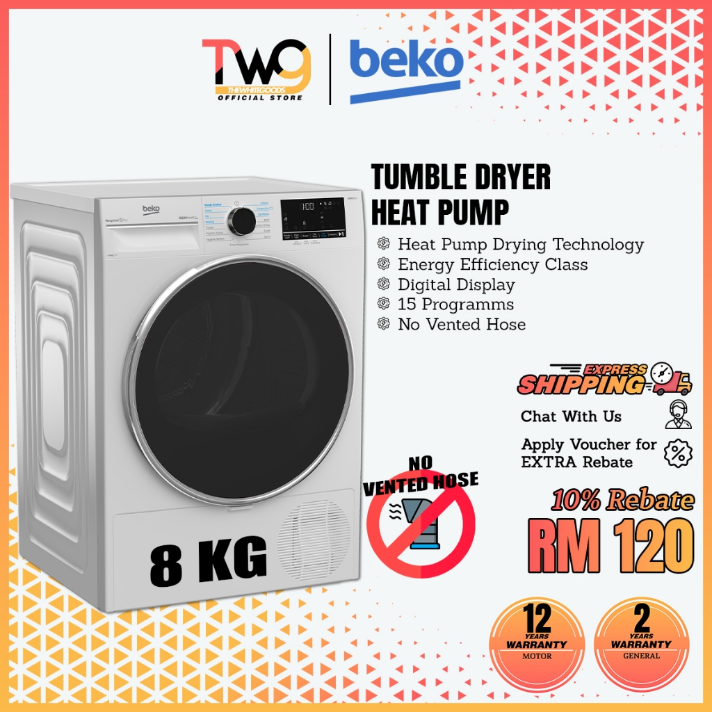 BEKO HEAT PUMP TUMBLE DRYER 8KG B5T4823IW | Shopee Malaysia