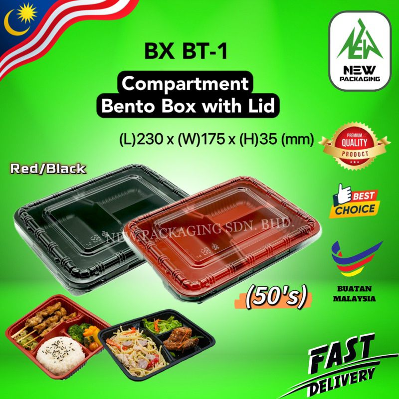 BENXON BT-1 Compartment Bento Box with Lid [50 Sets] (Red/Black) | PP ...