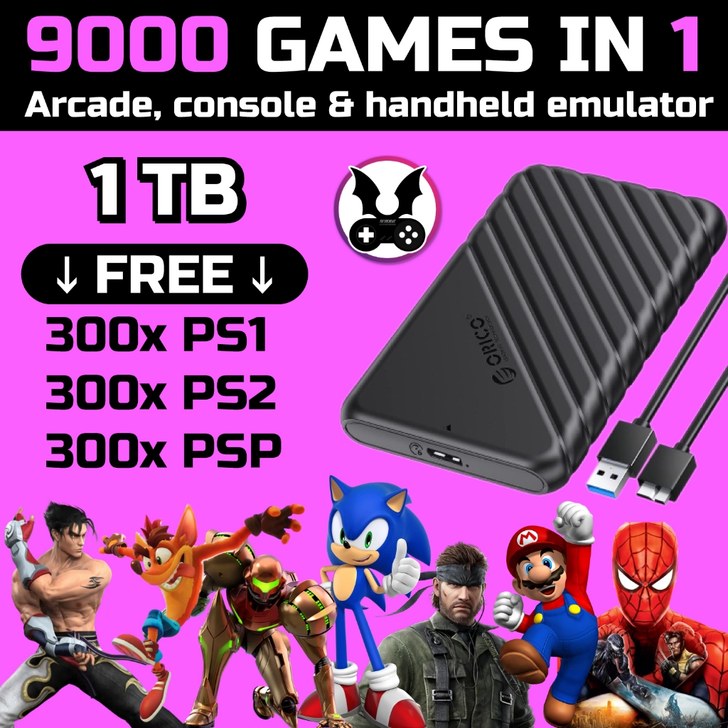 Retrobat HDD 9000 Games - FREE 300 PS1/PS2/PSP - 1TB Arcade, Console ...