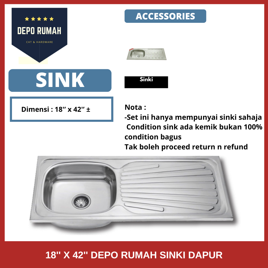 [CLEARANCE] 18" x 42" Sinki Dapur Stainless Steel Sink / Sinki Besi ...