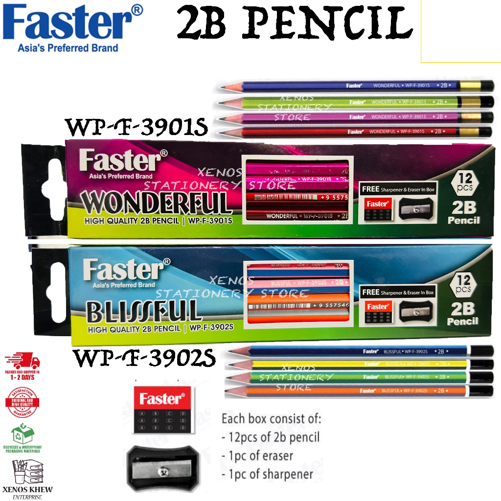FASTER 2B PENCIL WONDERFUL/BLISSFUL WITH FREE SHARPENER AND ERASER ...