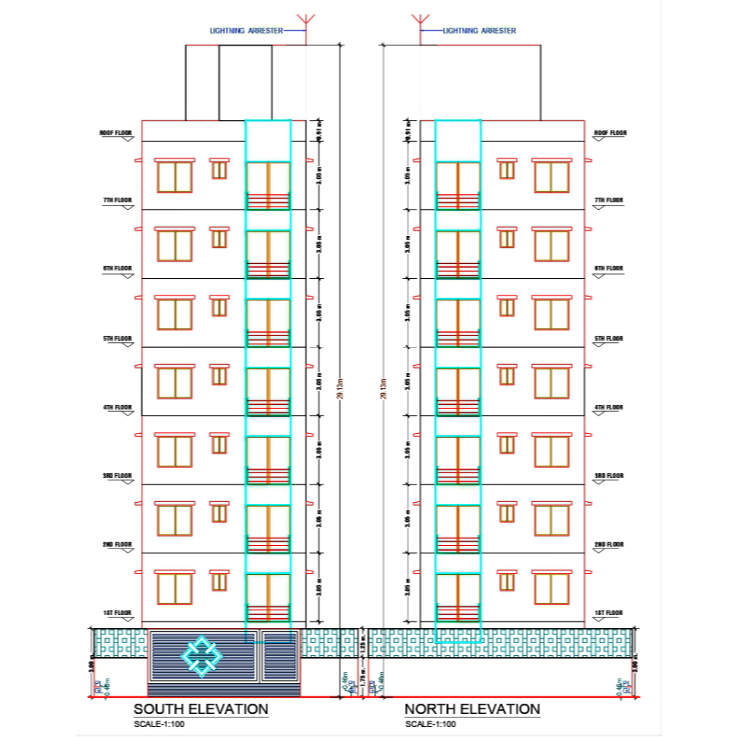 High-Rise (8th Story) building Floor Plans, Elevation and Section ...