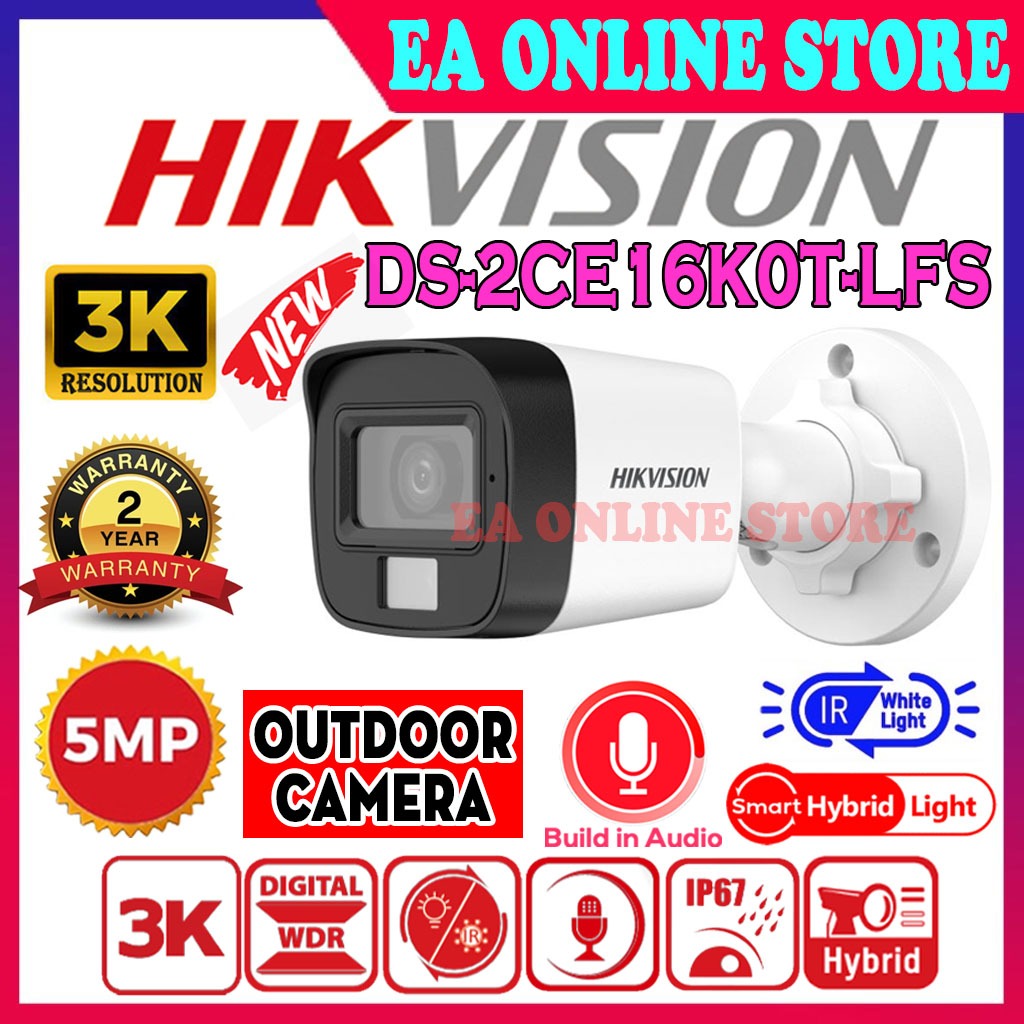 HIK HIKVISION Smart Hybrid Light 3K 5.0MP Bullet Outdoor Camera DS-2CE16K0T-LFS 1620P Mic Audio ...