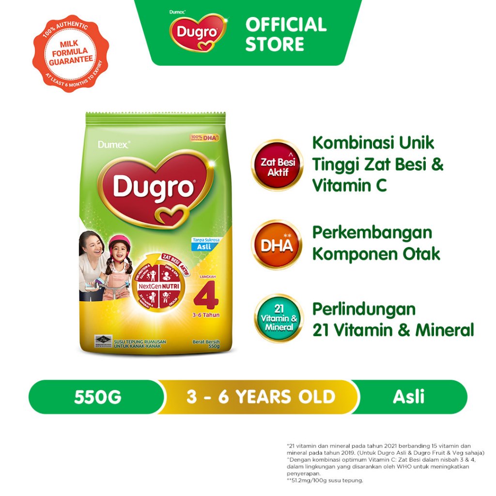 Dumex Dugro Step 4 Original Growing Up Formula 3-6 Years (550g) (Susu ...