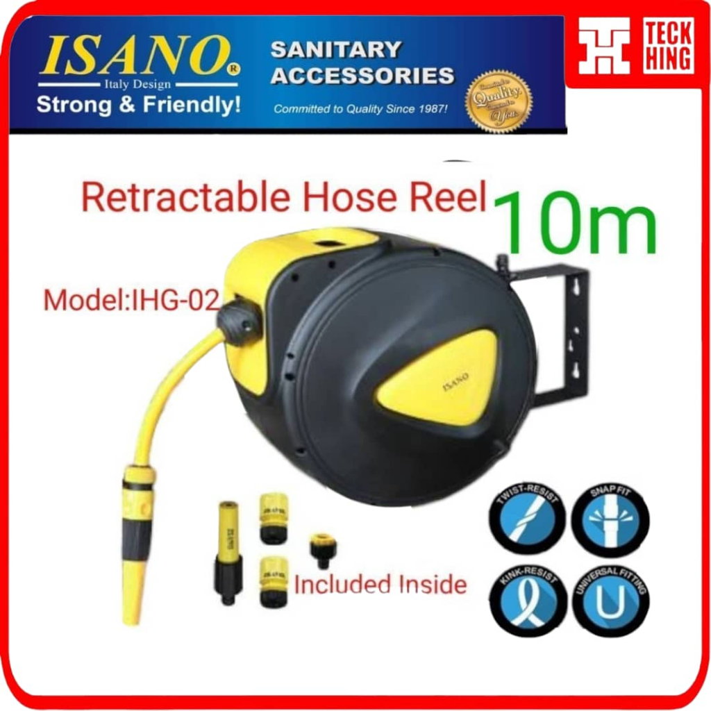 ISANO AUTO Retractable Water Hose Reel Pipe Garden 10m Wall Mounting ...