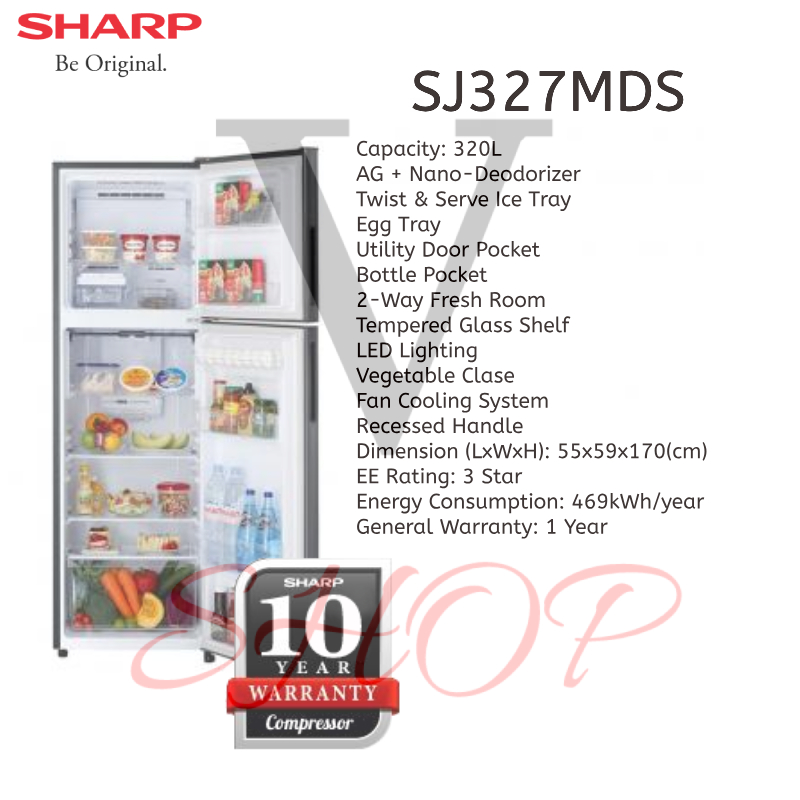 Sharp 320L Smile Refrigerator 2-Way Fresh Room Tempered Glass Shelf ...