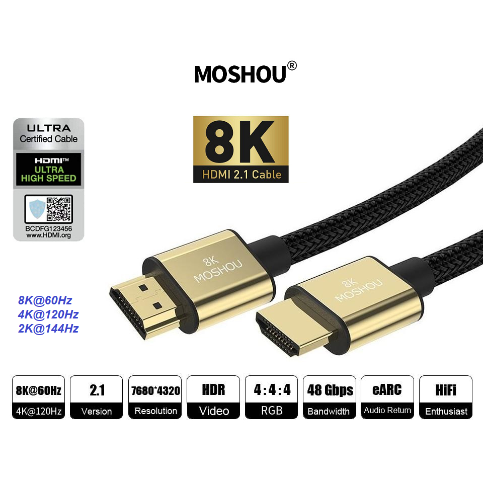 MOSHOU 8K UHD HDMI 2.1 Cable UHD (3D HDR VRR ALLM eARC Dolby Atmos ...