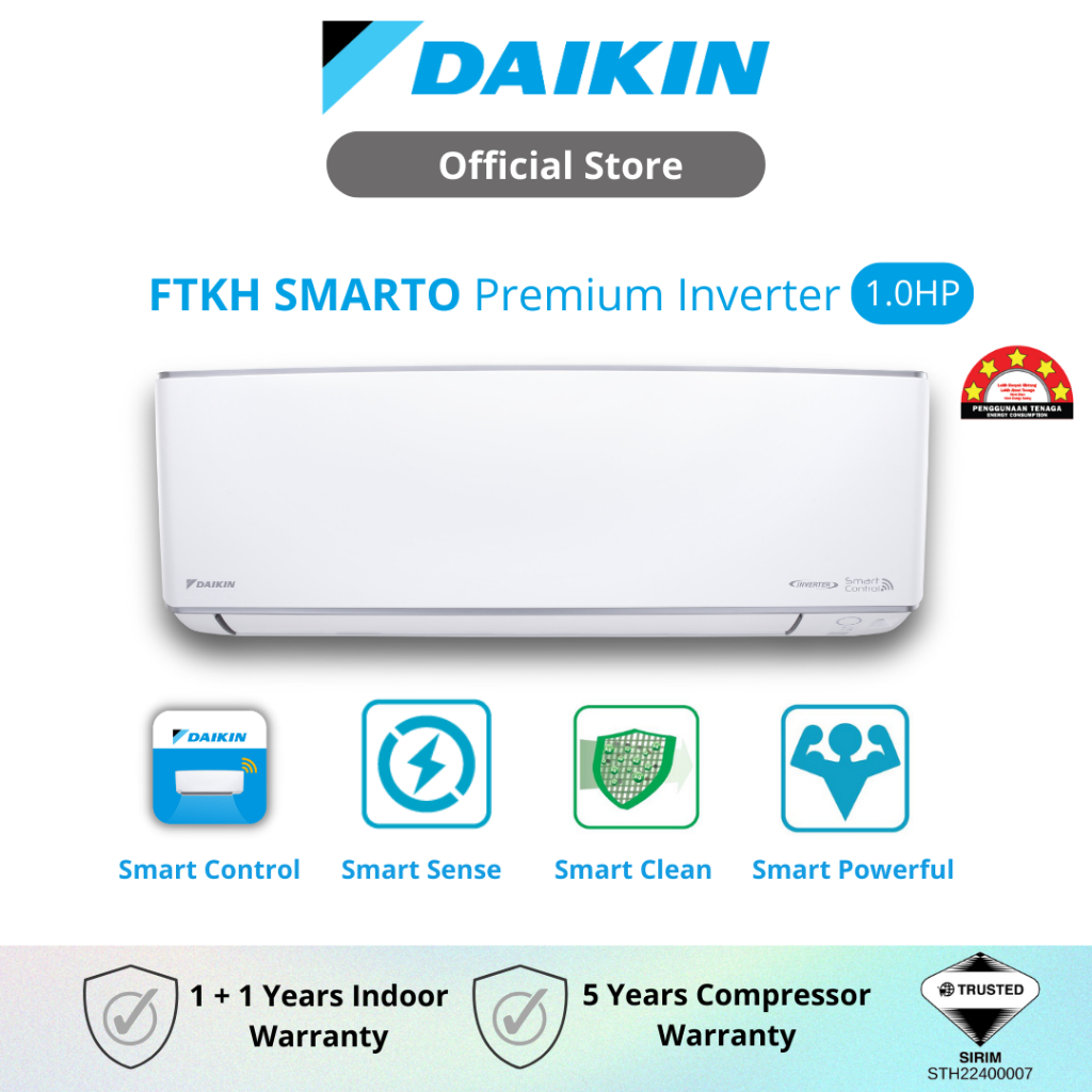DAIKIN Smarto Premium Inverter Air Conditioner FTKH R32 (1.0HP) FTKH28B ...