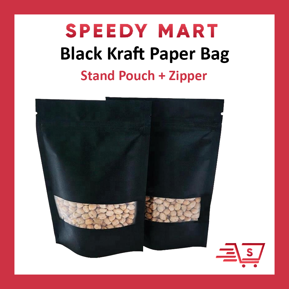 (50 PCS) Black Kraft Paper Bag Stand Pouch Zip Lock with Display Window ...
