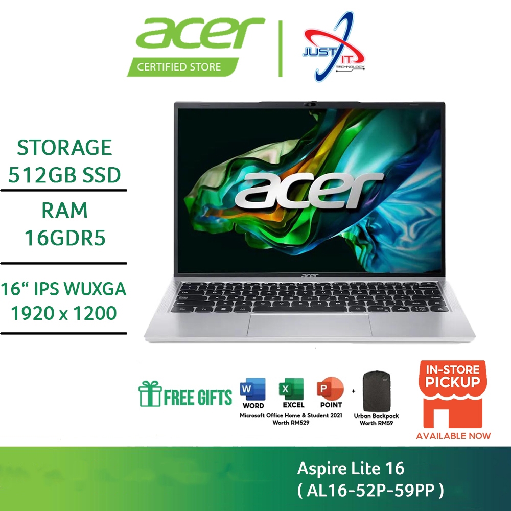 ACER ASPIRE LITE 16 AL16-52P-59PP LAPTOP ( I5-1334U 16GD5 512SSD / 16" IPS WUXGA / W11H / OFFICE ...