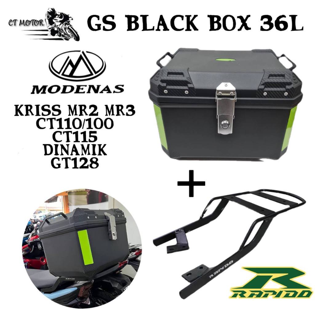 GS BLACK BOX 36L + MONORACK 1SET MOTORCYCLE MODENAS MR3 KRISS MR2 GT128 ...