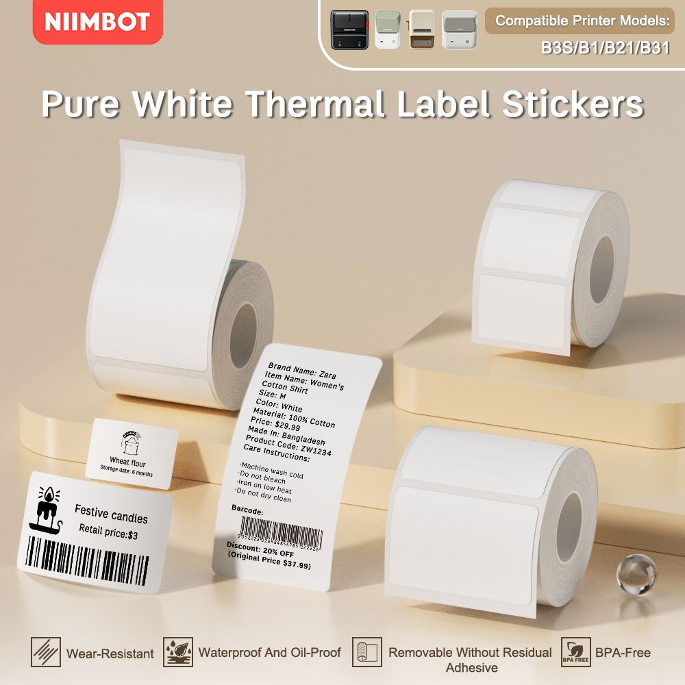 NIIMBOT B21/B3S/B1 White Label Printing Paper Thermal Label Paper ...
