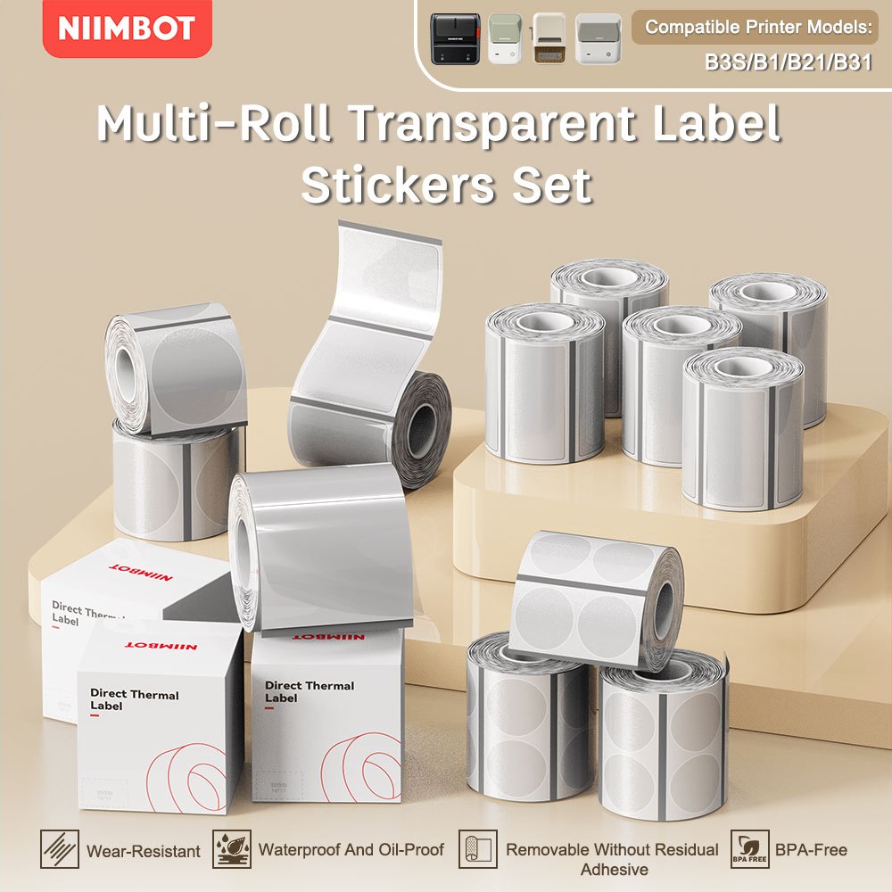 【1-5 Rolls】NIIMBOT B21/B1/B3S Label Paper Transparent Name Sticker Waterproof Small Thermal ...