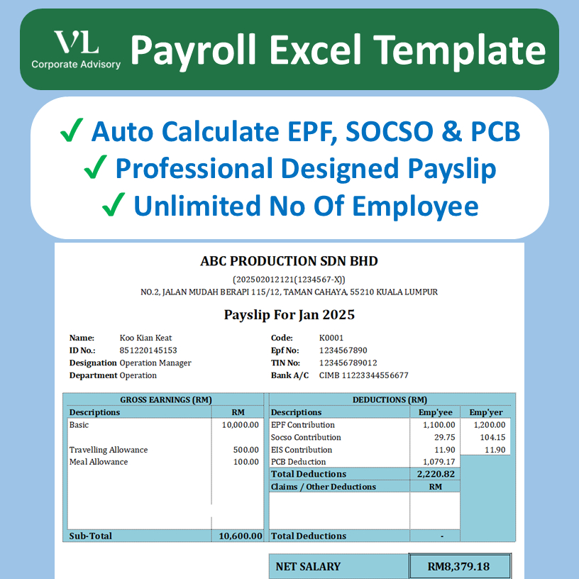 VL Payroll Excel Template Auto Salary Calculation Payslip Salary Slip ...