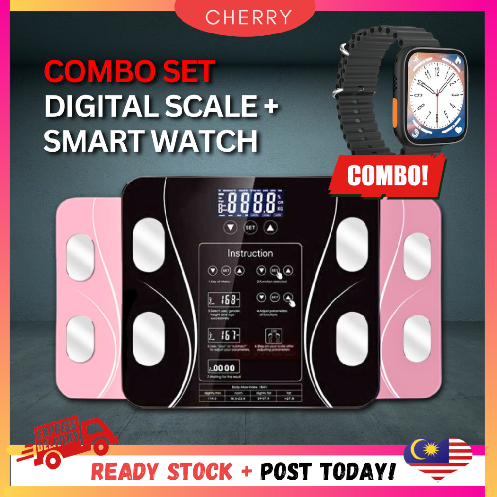 🍒CHERRY🍒Combo Set Smartwatch Fitness Tracker + Digital Bluetooth Body ...