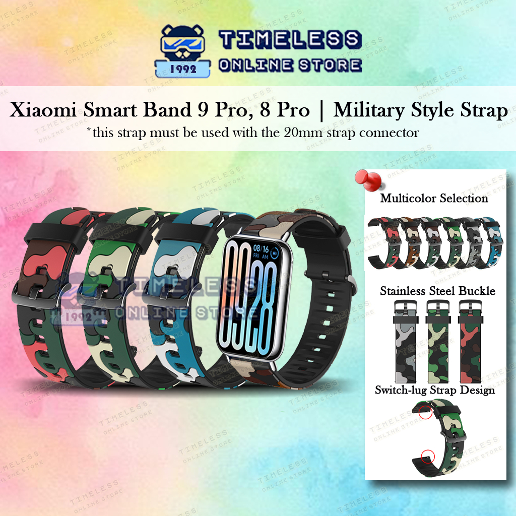 🇲🇾 Xiaomi Smart Band 9 Pro, 8 Pro Strap, Military Style 20mm Band, Metal Black Buckle, 10 Color ...
