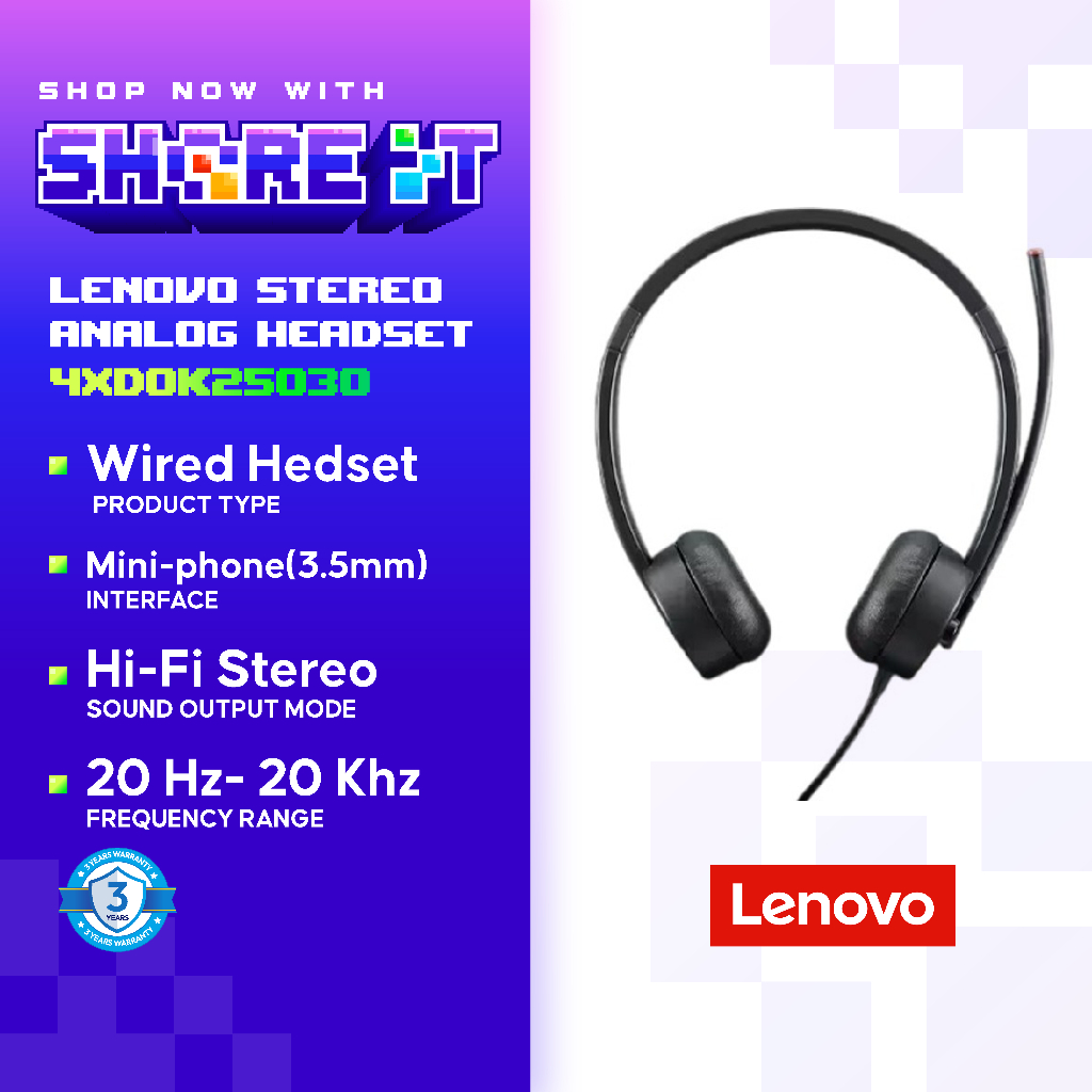 Lenovo Stereo Analog Headset Wired Headset Black - 4XD0K25030 | Shopee Malaysia
