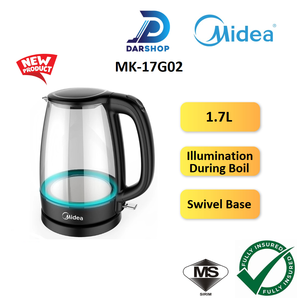 Midea 1.7L Electric Jug Kettle With High Quality Glass Body and Blue ...