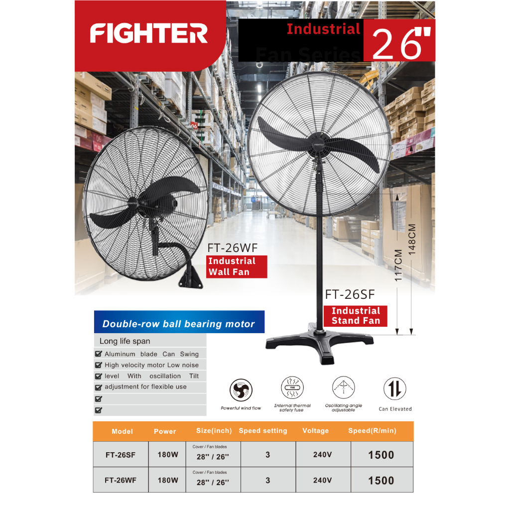 FIGHTER 26" Inches Heavy Duty Industrial Stand Fan / Wall Fan Durable ...