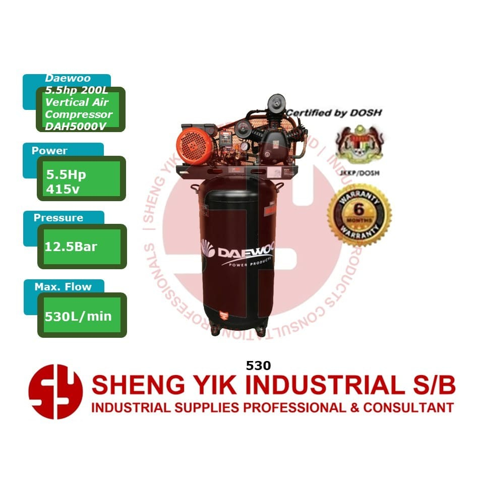 SYI Daewoo 5.5hp 415v Vertical Air Compressor 200L Tank DAH5000V .JKKP ...