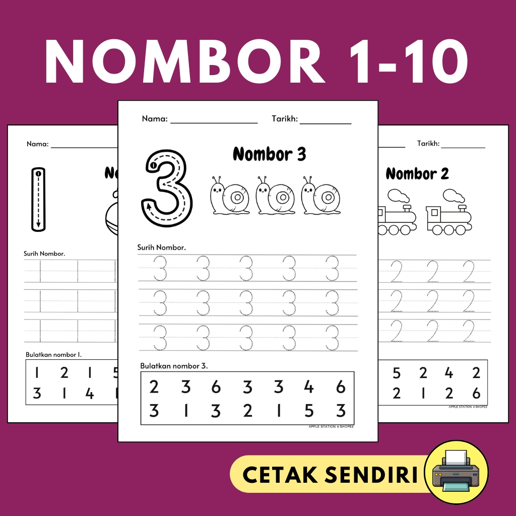 [PDF] Latihan Surih Nombor 1-10 Matematik Asas untuk Kanak-Kanak Tadika ...