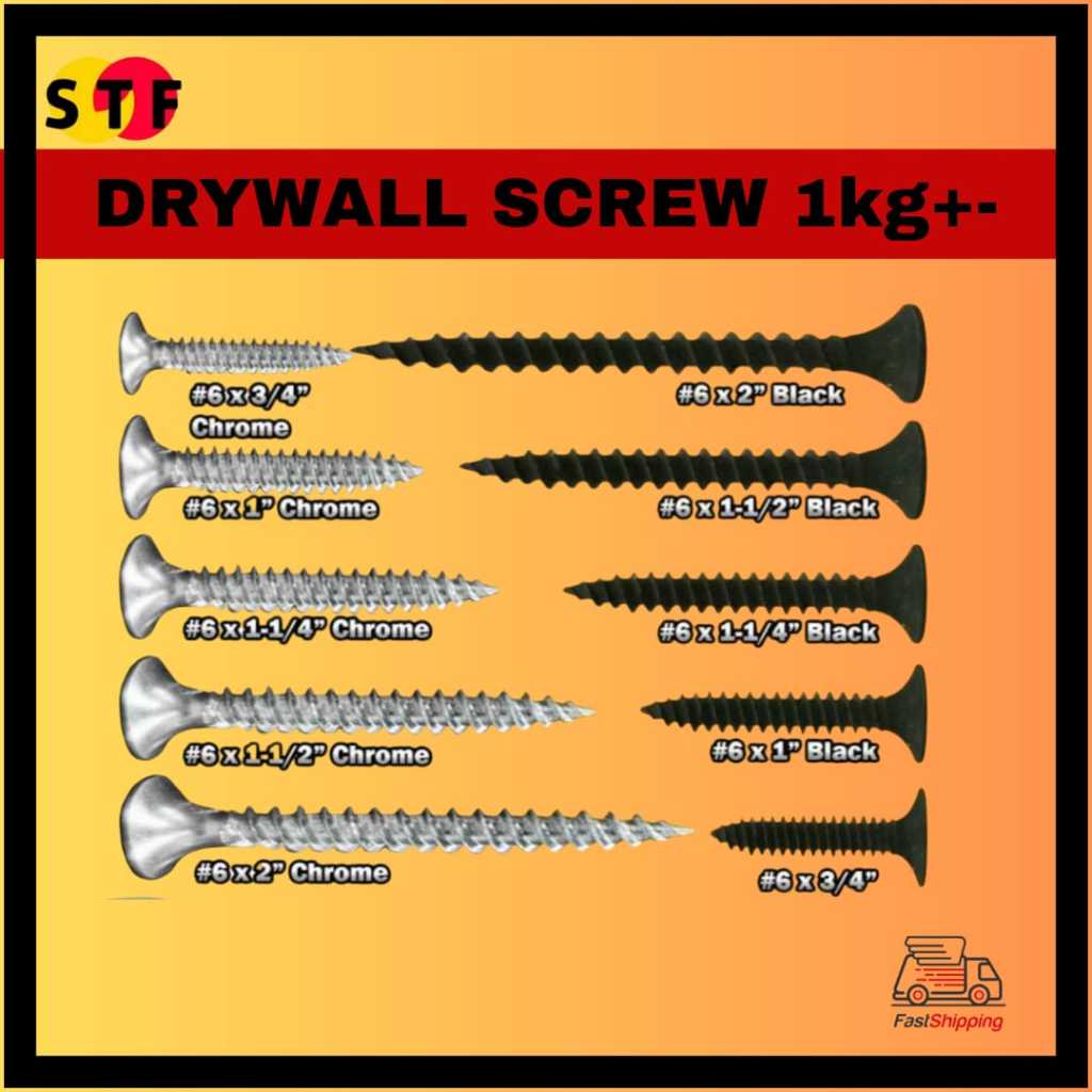 [1KG+-/BOX]Drywall Screw White/Black Flat Head Dry Wall Scre/Partition ...
