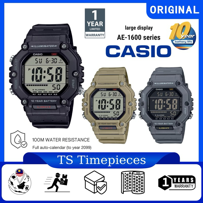 CASIO Large Display 10 Year Bateri AE-1600 Series AE-1600H-1 / AE-1600H-5 / AE-1600H-8 / AE ...