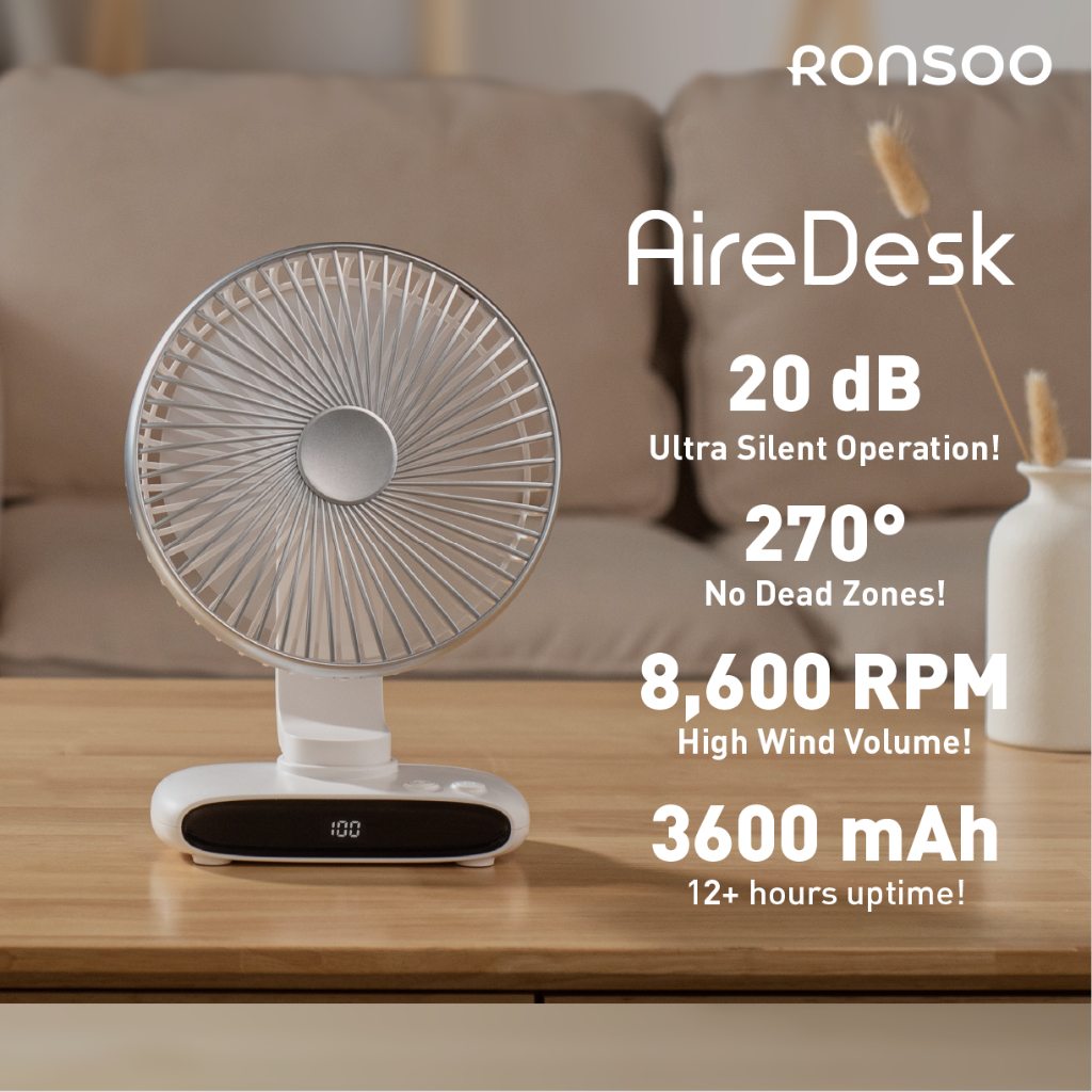 RONSOO AireDesk Oscillating Rechargeable Desktop Fan Desk Fan– Compact ...