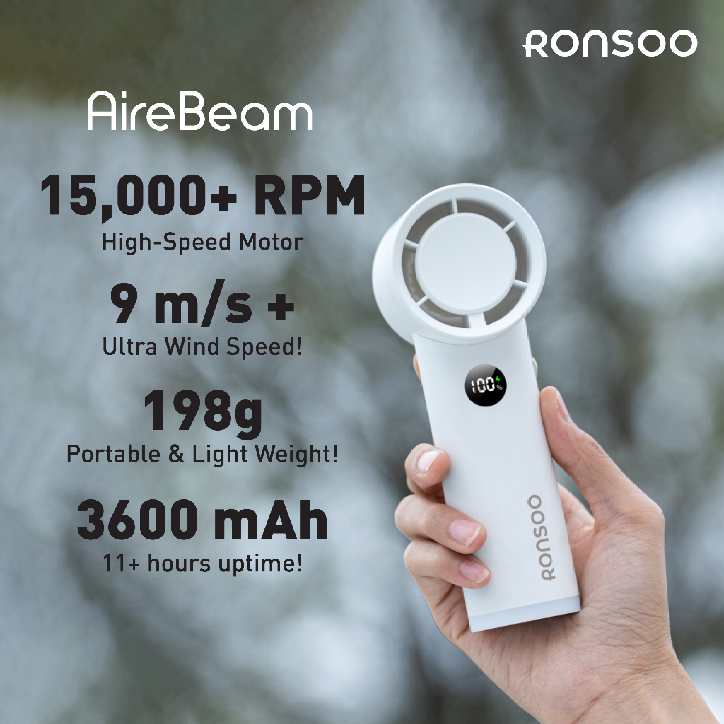 RONSOO AireBeam Portable and Rechargeable Handheld Fan with Torchlight ...