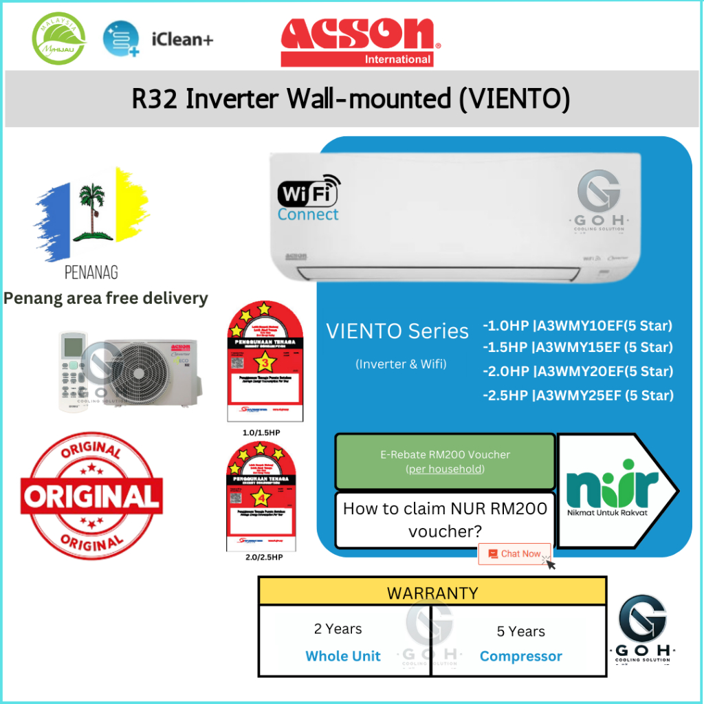 ACSON R32 Inverter Air-conditioner VIENTO inverter 1.0-2.5hp 3_4 Star (Penang Free Delivery ...