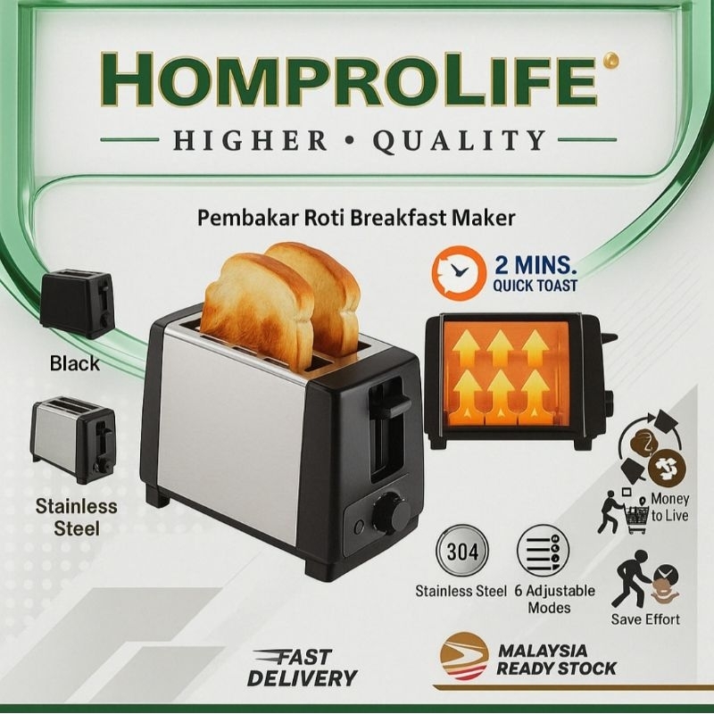 Toaster Automatic Pop Up 2 Slices Fast Heating Bread Breakfast Maker ...