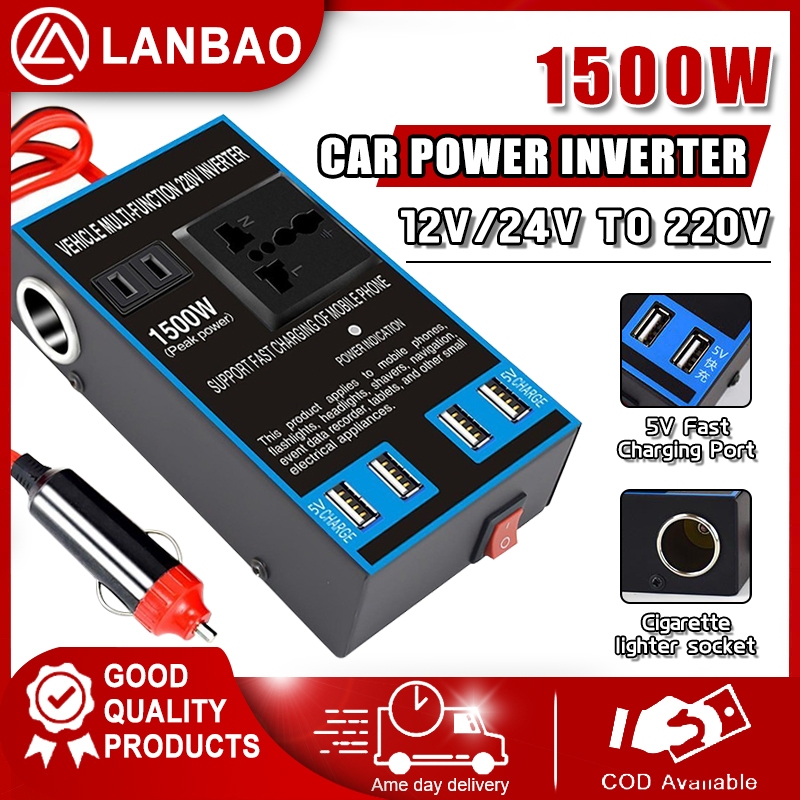 1500W Car Power Inverter 12V/24V to 220V Universal Power Adapter USB ...