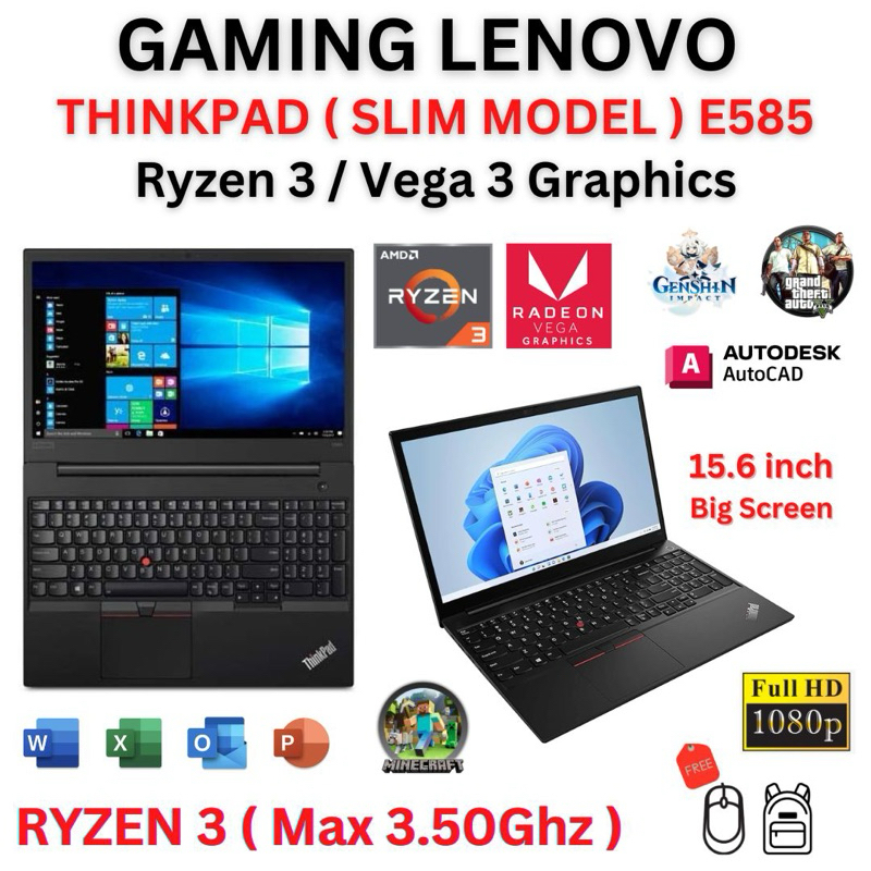 LENOVO GAMING THINKPAD E585 RYZEN 3 VEGA GRAPHICS 15.5INCH BIG SCREEN ...