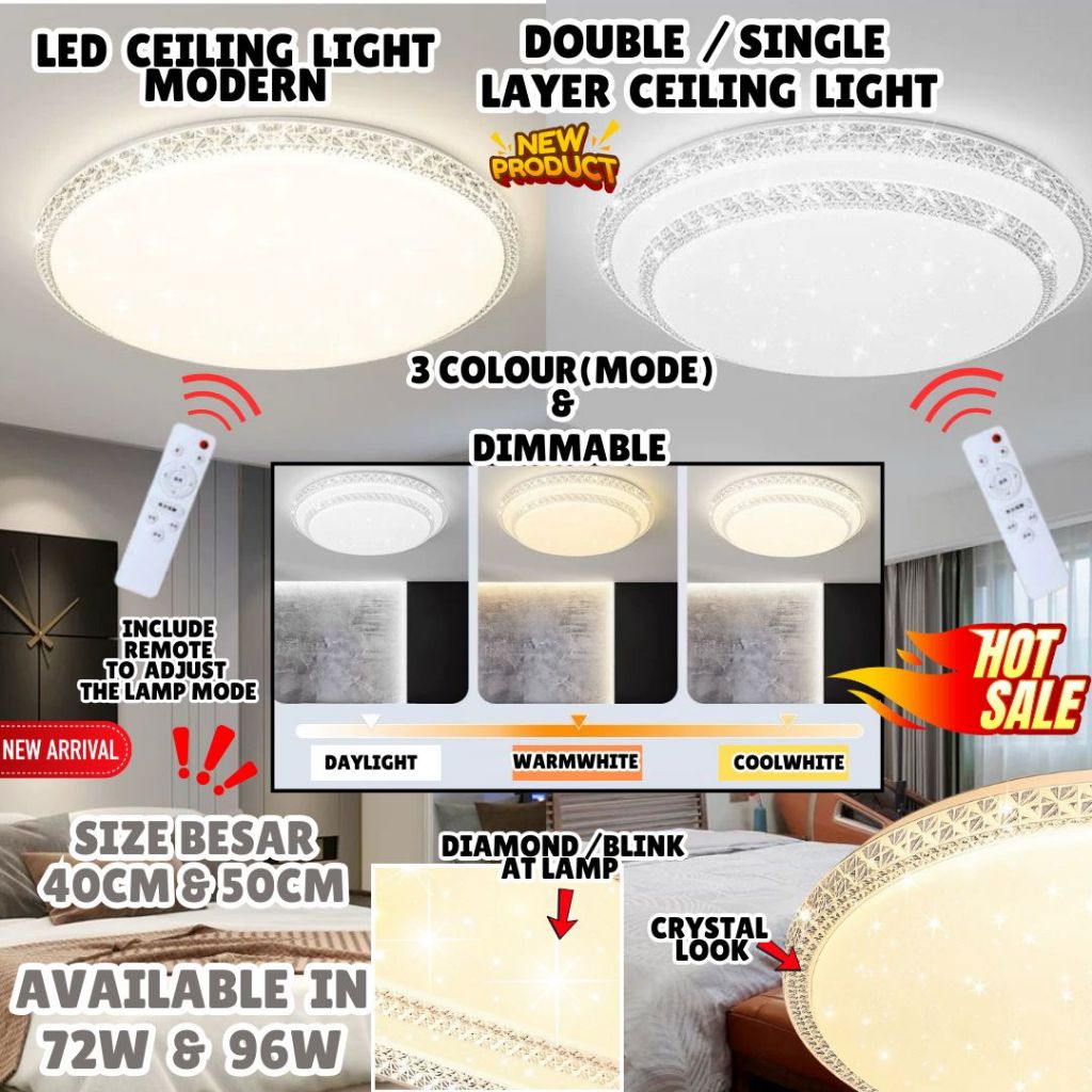 LED Ceiling light Modern Remote 3 Colour Ceiling Lamp 96W 72W Downlight ...
