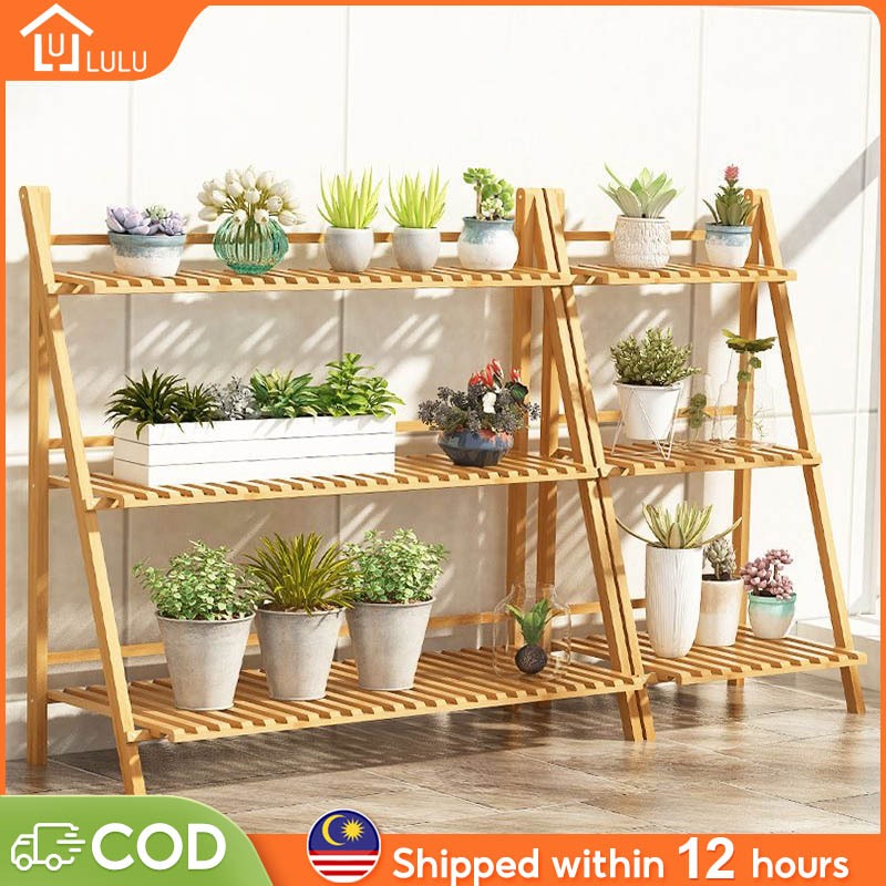3/4Layers Bamboo Plant Rack Outdoor Foldable Flower Stand Rak Pasu ...